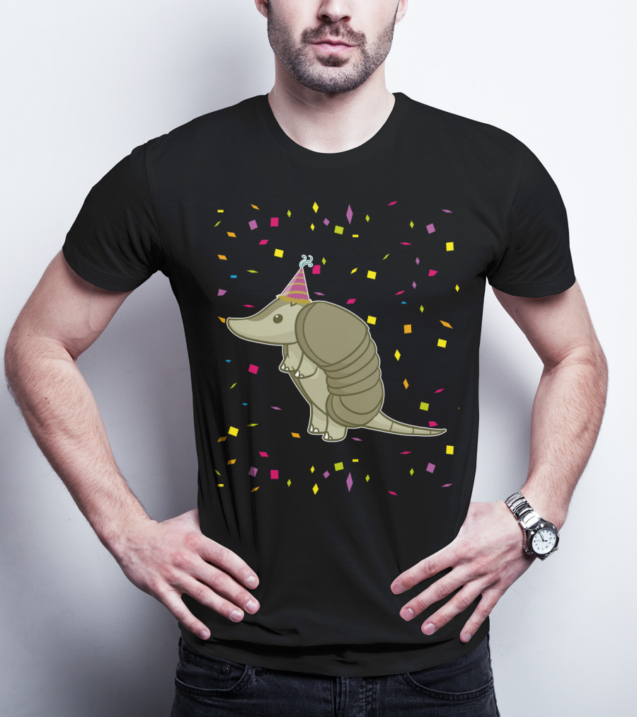 Funny Armadillo Birthday Celebration With Party Hat And Confetti T-Shirt