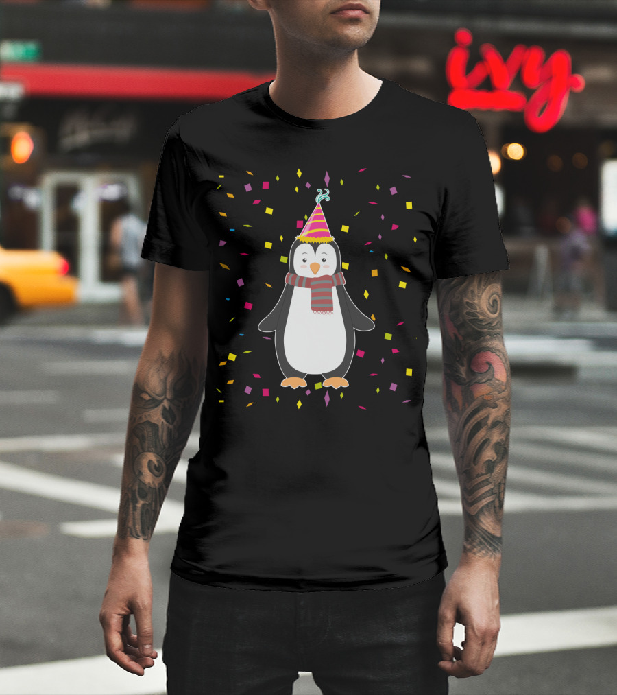 Funny Penguin Birthday Confetti Celebration With Party Hat And Scarf T-Shirt