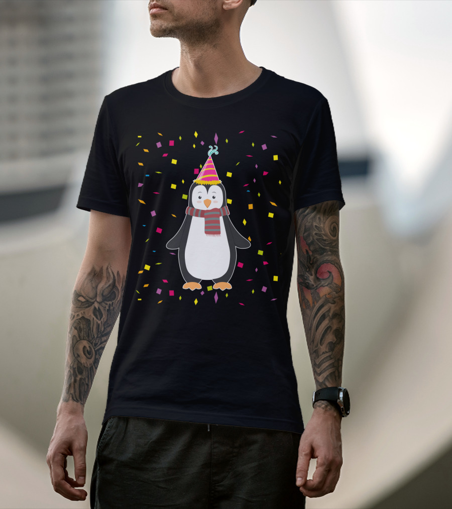 Funny Penguin Birthday Confetti Celebration With Party Hat And Scarf T-Shirt
