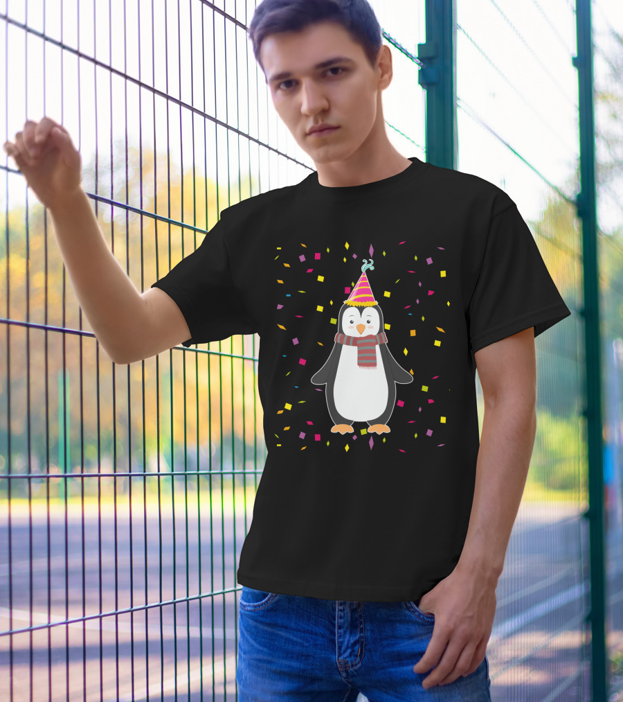 Funny Penguin Birthday Confetti Celebration With Party Hat And Scarf T-Shirt