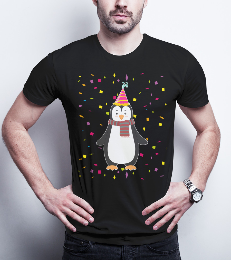 Funny Penguin Birthday Confetti Celebration With Party Hat And Scarf T-Shirt
