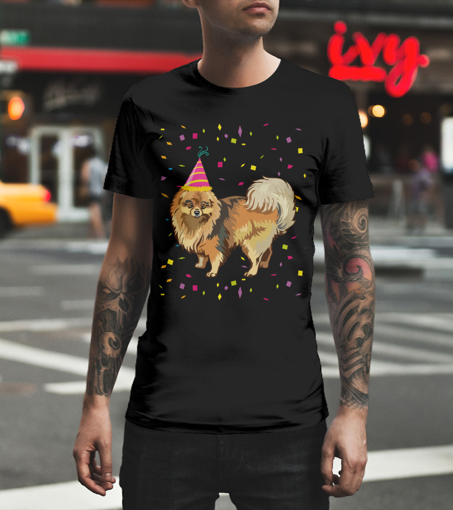 Pomeranian Birthday Party Funny Dog With Confetti And Party Hat T-Shirt