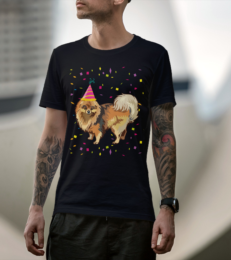 Pomeranian Birthday Party Funny Dog With Confetti And Party Hat T-Shirt