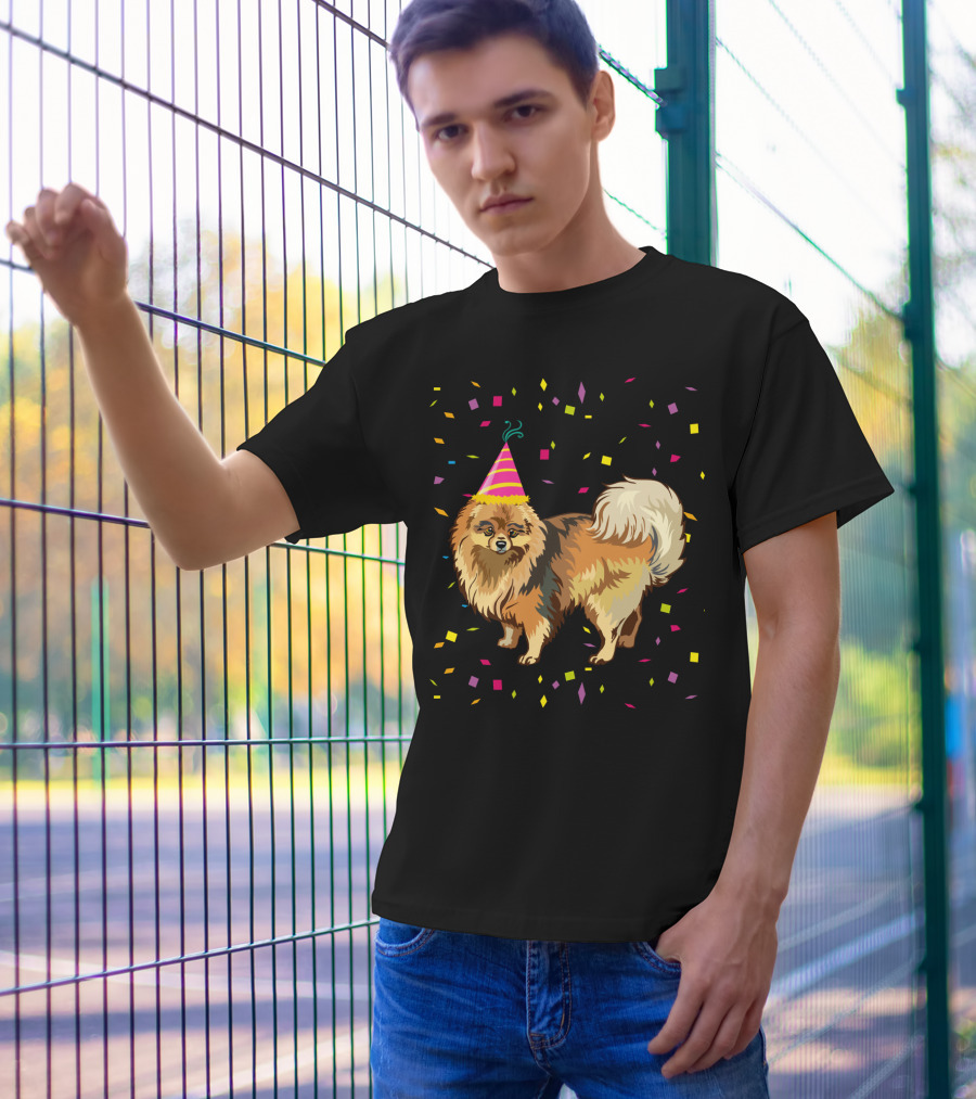 Pomeranian Birthday Party Funny Dog With Confetti And Party Hat T-Shirt