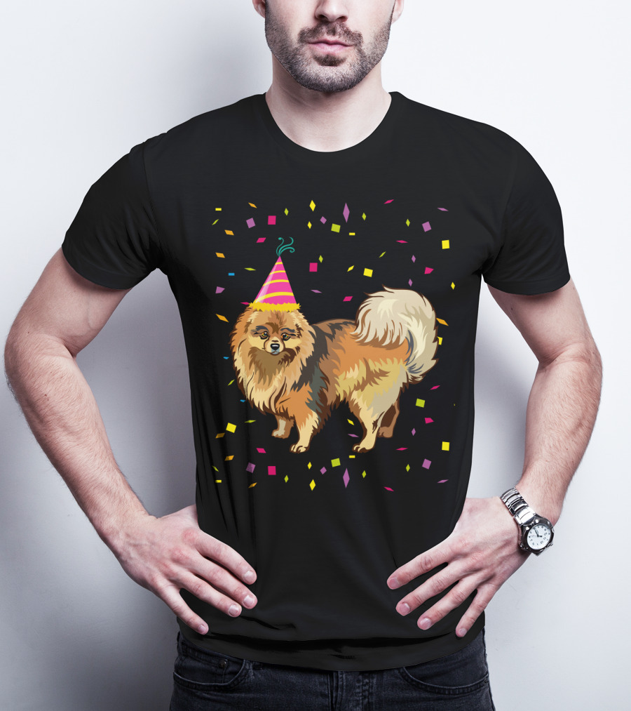 Pomeranian Birthday Party Funny Dog With Confetti And Party Hat T-Shirt