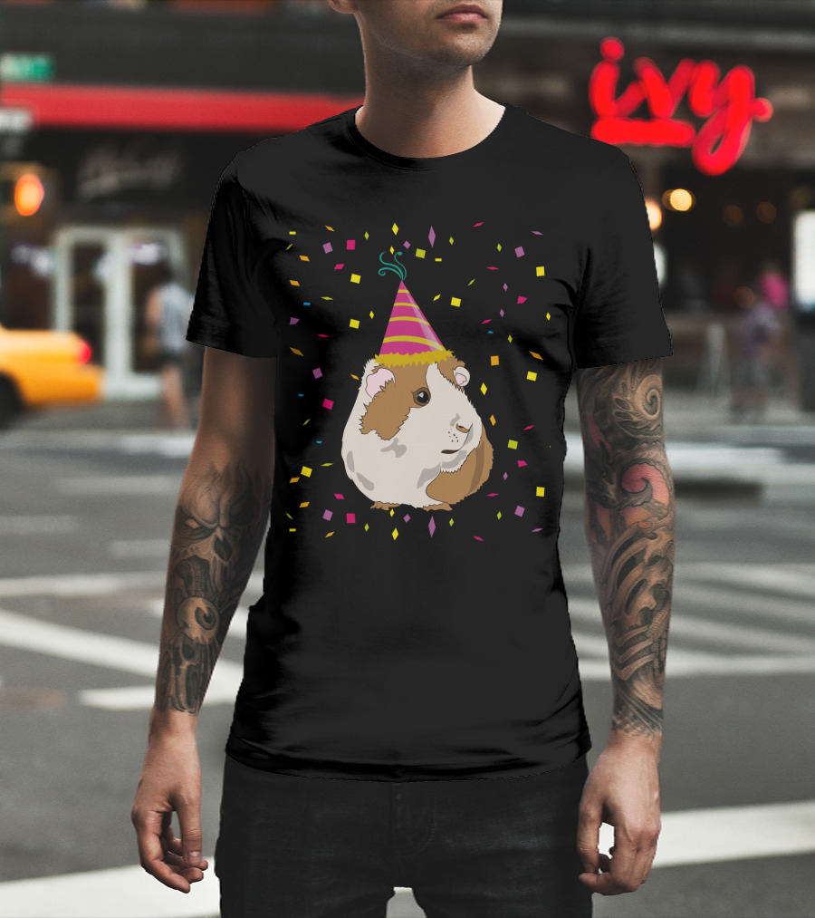 Funny Guinea Pig Birthday Celebration With Party Hat And Confetti T-Shirt