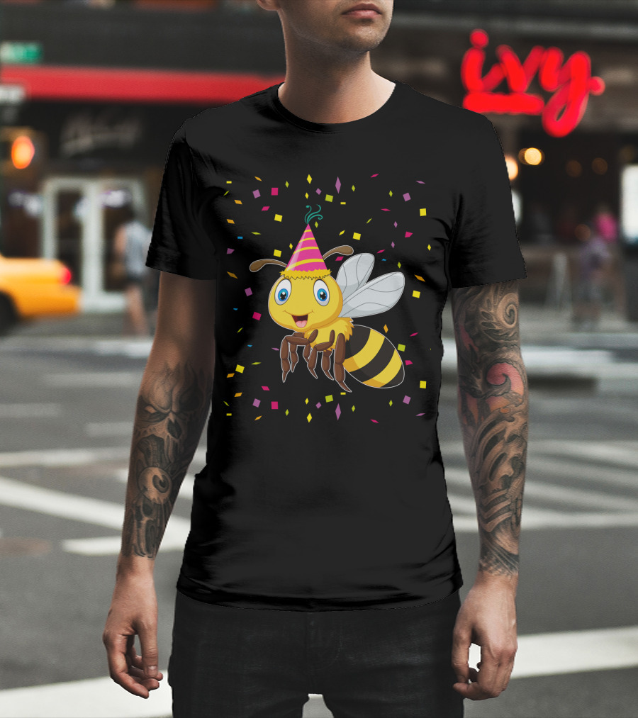 Funny Bee Birthday With Confetti And Party Hat T-Shirt