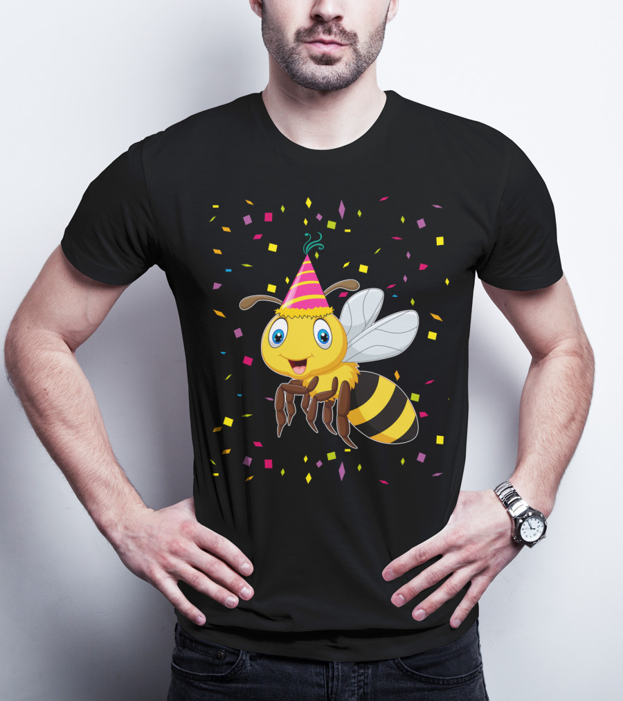 Funny Bee Birthday With Confetti And Party Hat T-Shirt