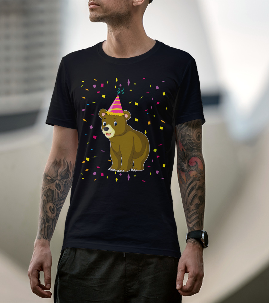 Funny Bear Birthday Party Hat Festive Confetti T-Shirt