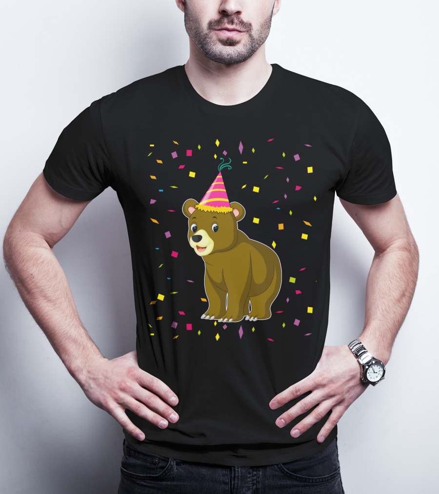 Funny Bear Birthday Party Hat Festive Confetti T-Shirt