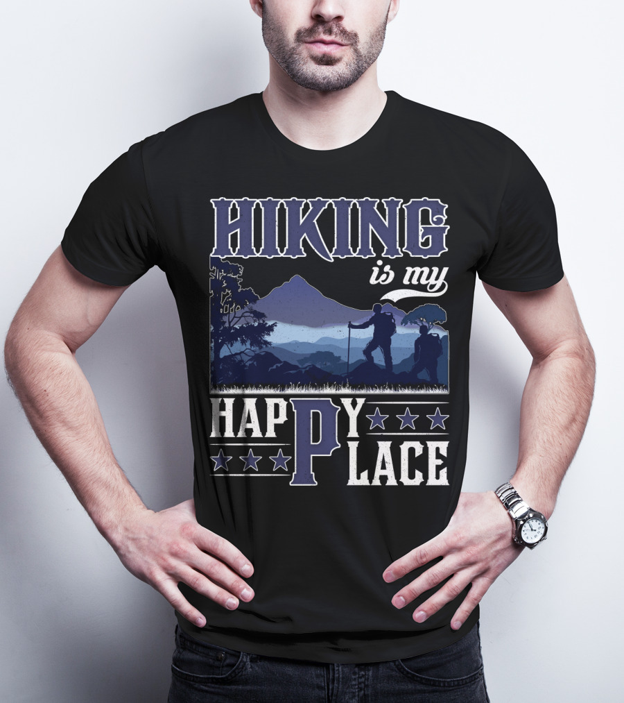 Hiking Is My Happy Place Mountain Silhouette Adventure T-Shirt