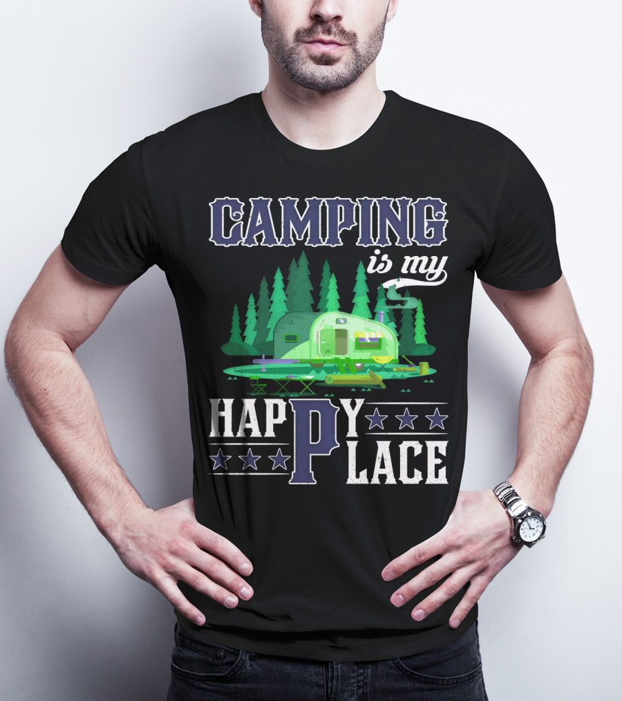 Camping Is My Happy Place Camper Forest Scene With Stars T-Shirt