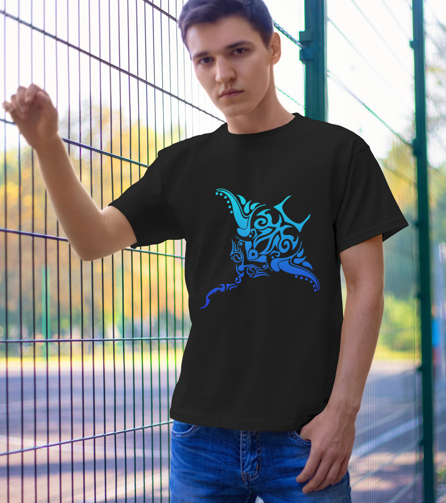 Hawaiian Tribal Stingray Polynesian Tattoo Style Blue T-Shirt