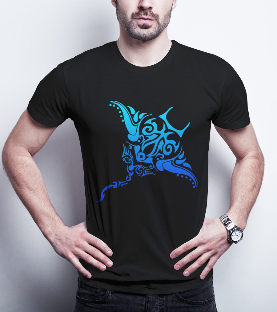 Hawaiian Tribal Stingray Polynesian Tattoo Style Blue T-Shirt