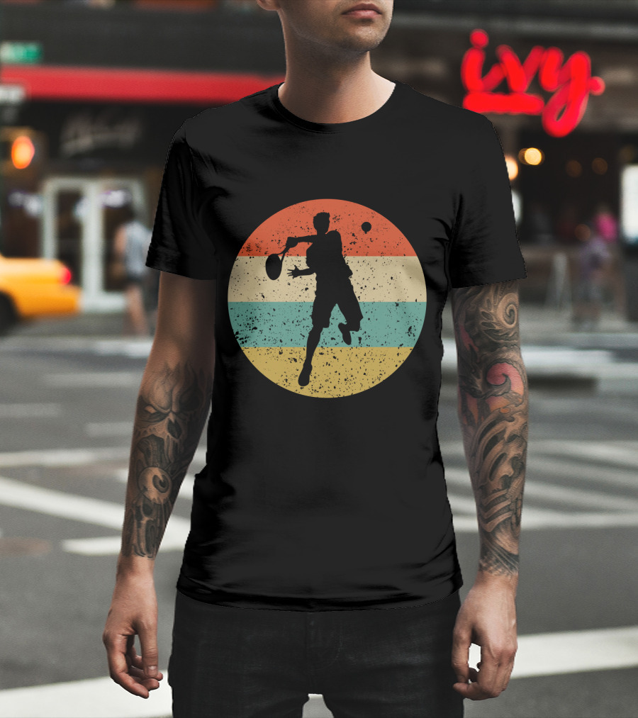 Vintage Retro Tennis Player Silhouette In Distressed Circle T-Shirt