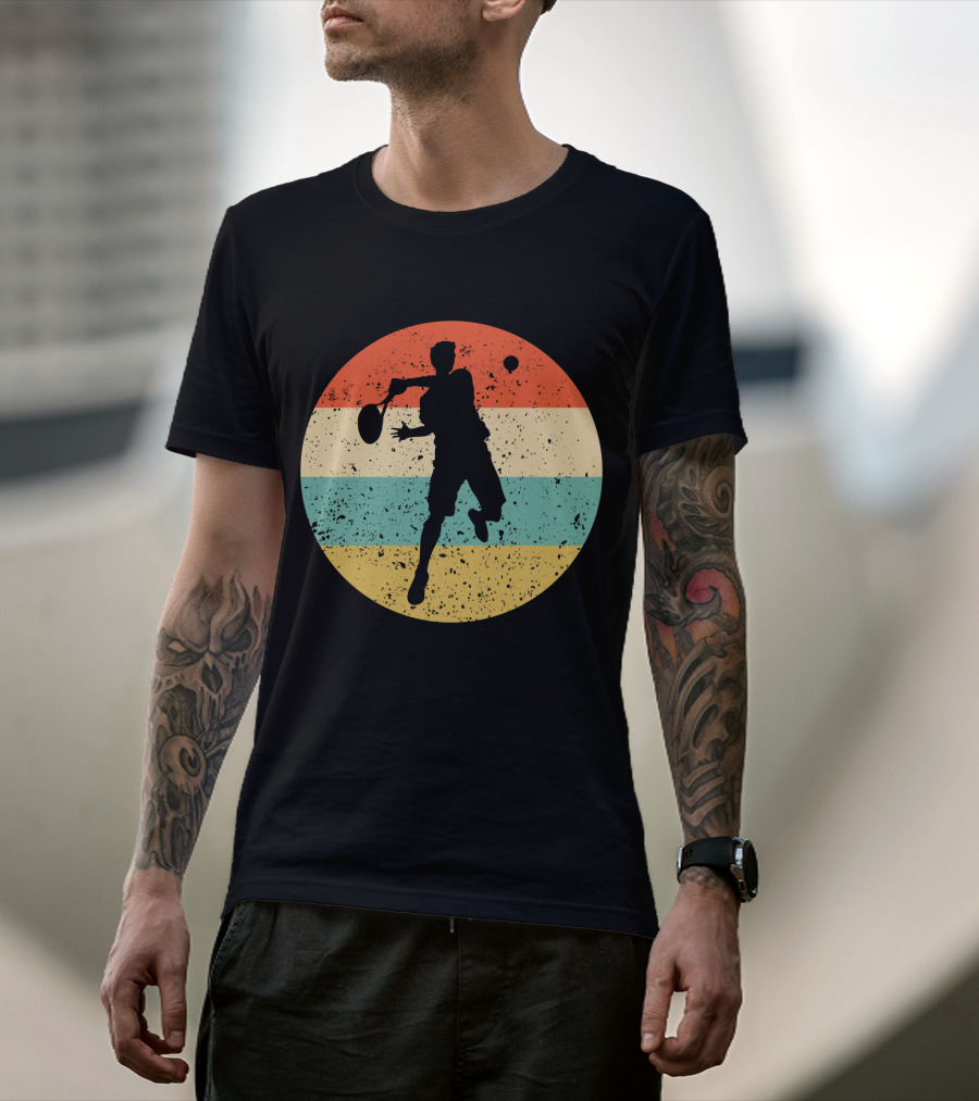 Vintage Retro Tennis Player Silhouette In Distressed Circle T-Shirt