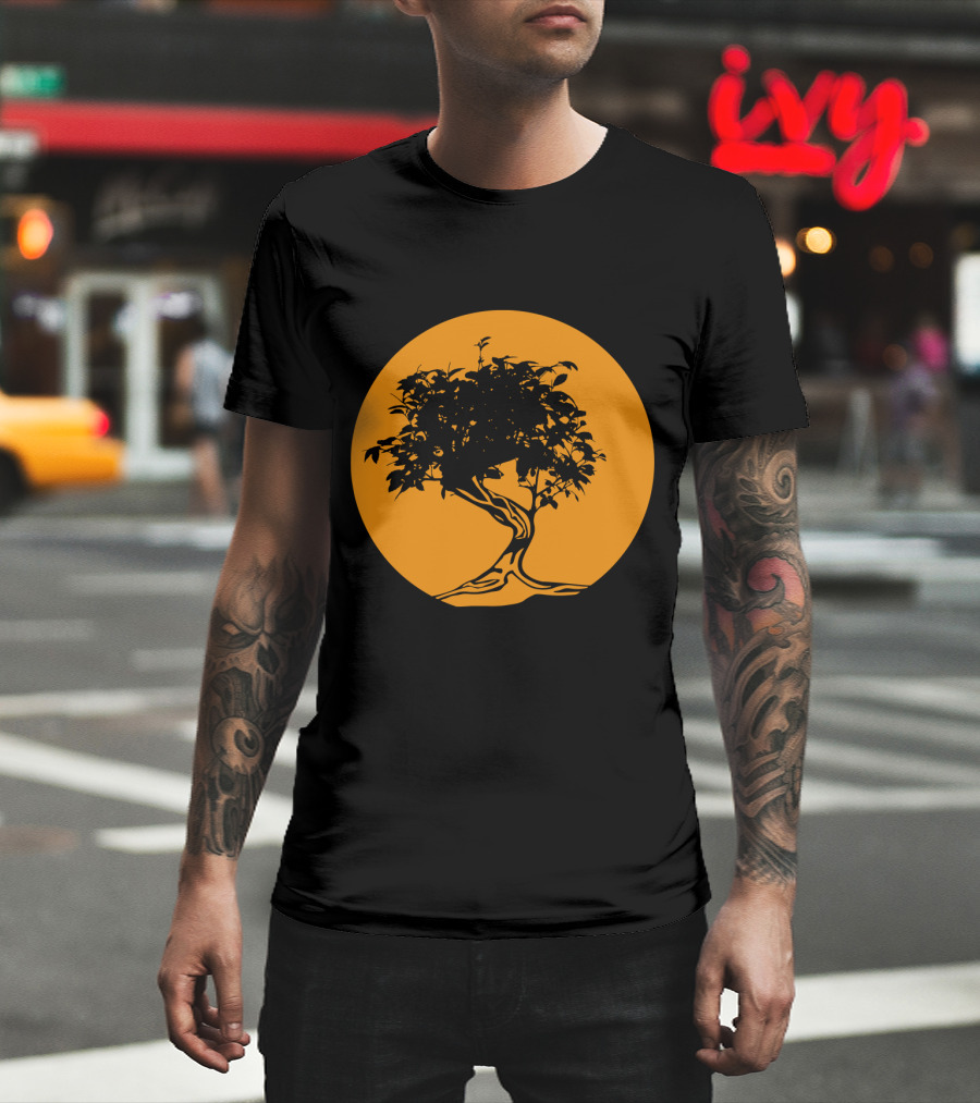 Bonsai Japan Yin Yang Monk Tree Silhouette Circle T-Shirt