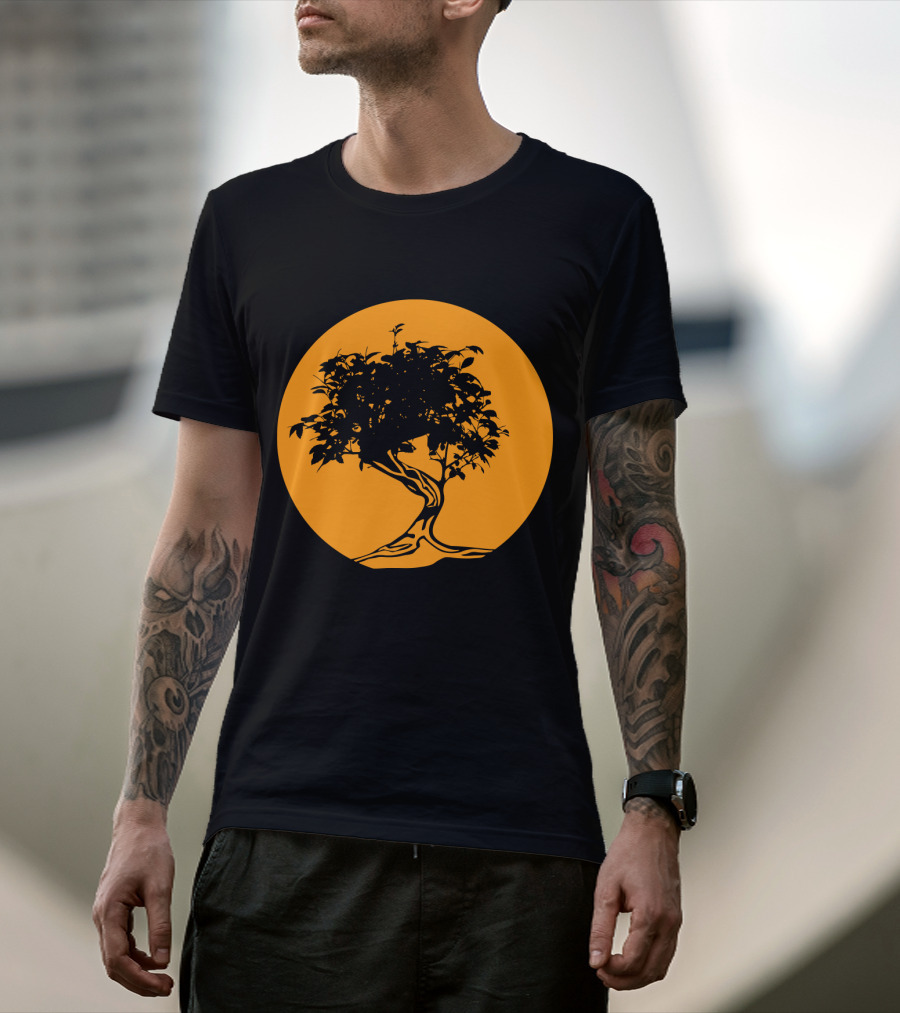 Bonsai Japan Yin Yang Monk Tree Silhouette Circle T-Shirt