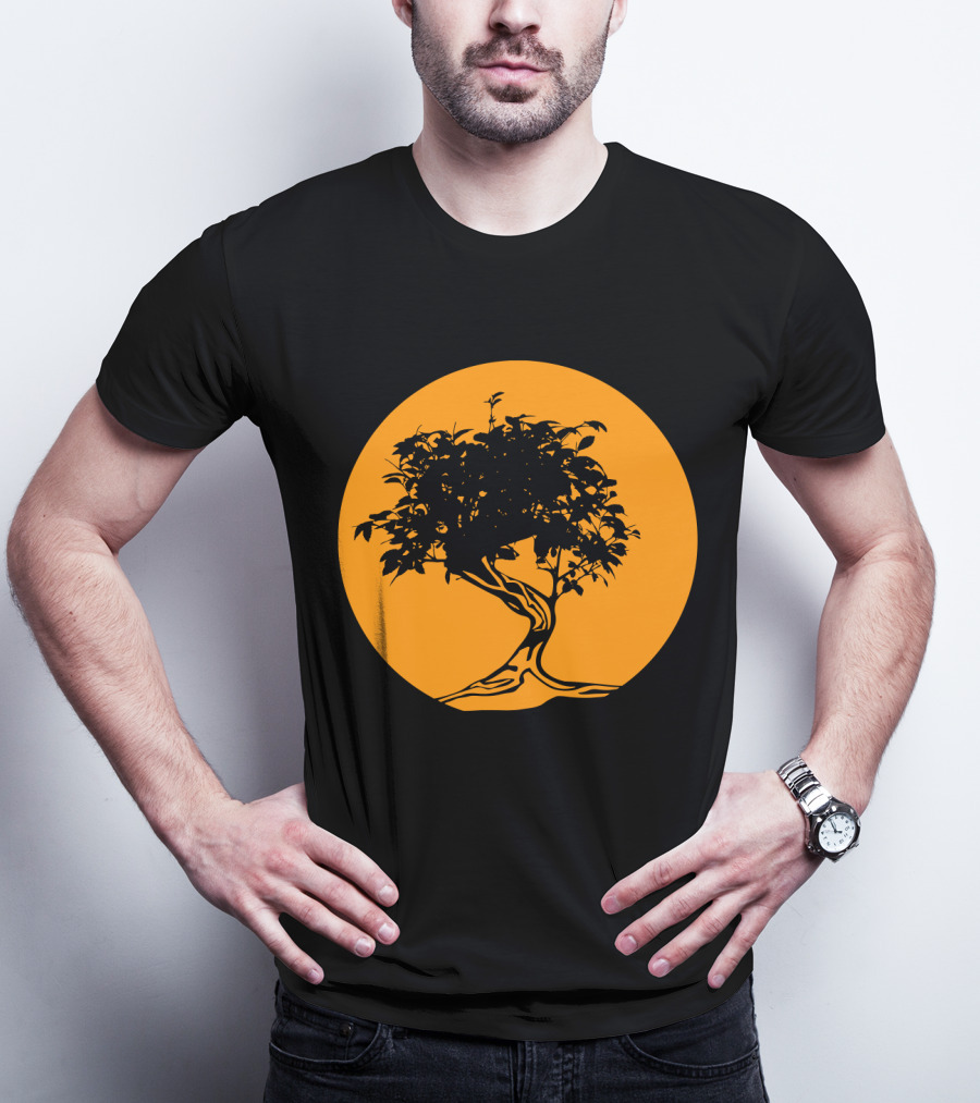 Bonsai Japan Yin Yang Monk Tree Silhouette Circle T-Shirt