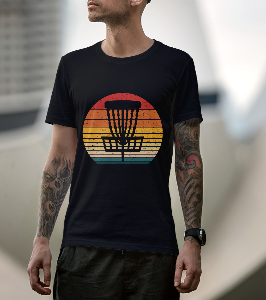 Retro Disc Golf Basket Sunset Stripes T-Shirt
