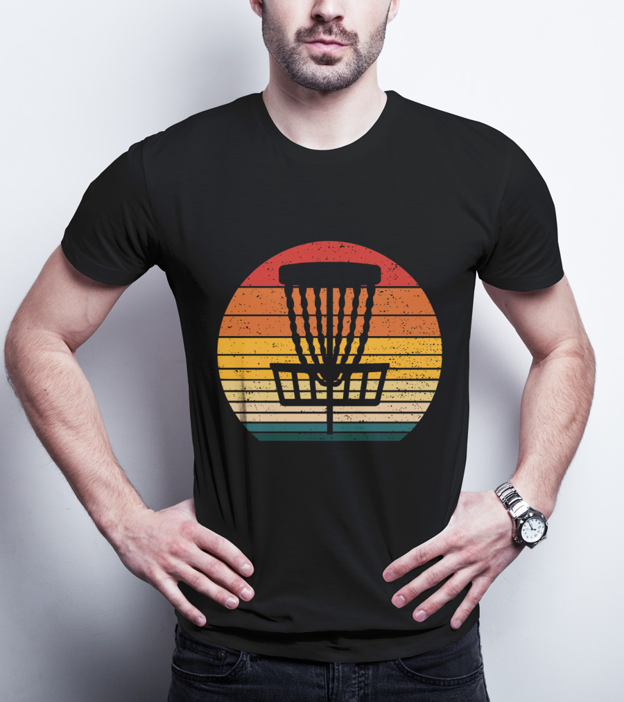 Retro Disc Golf Basket Sunset Stripes T-Shirt