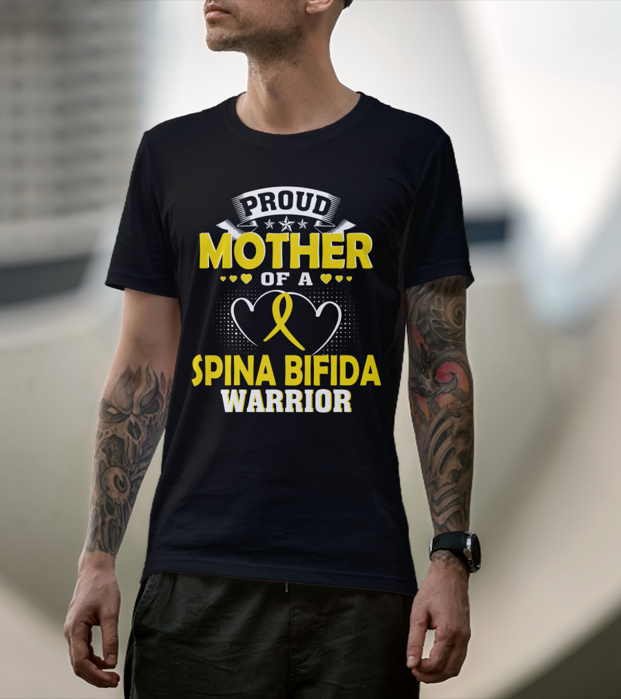 Proud Mother Of A Spina Bifida Warrior Yellow Ribbon Hearts Stars T-Shirt