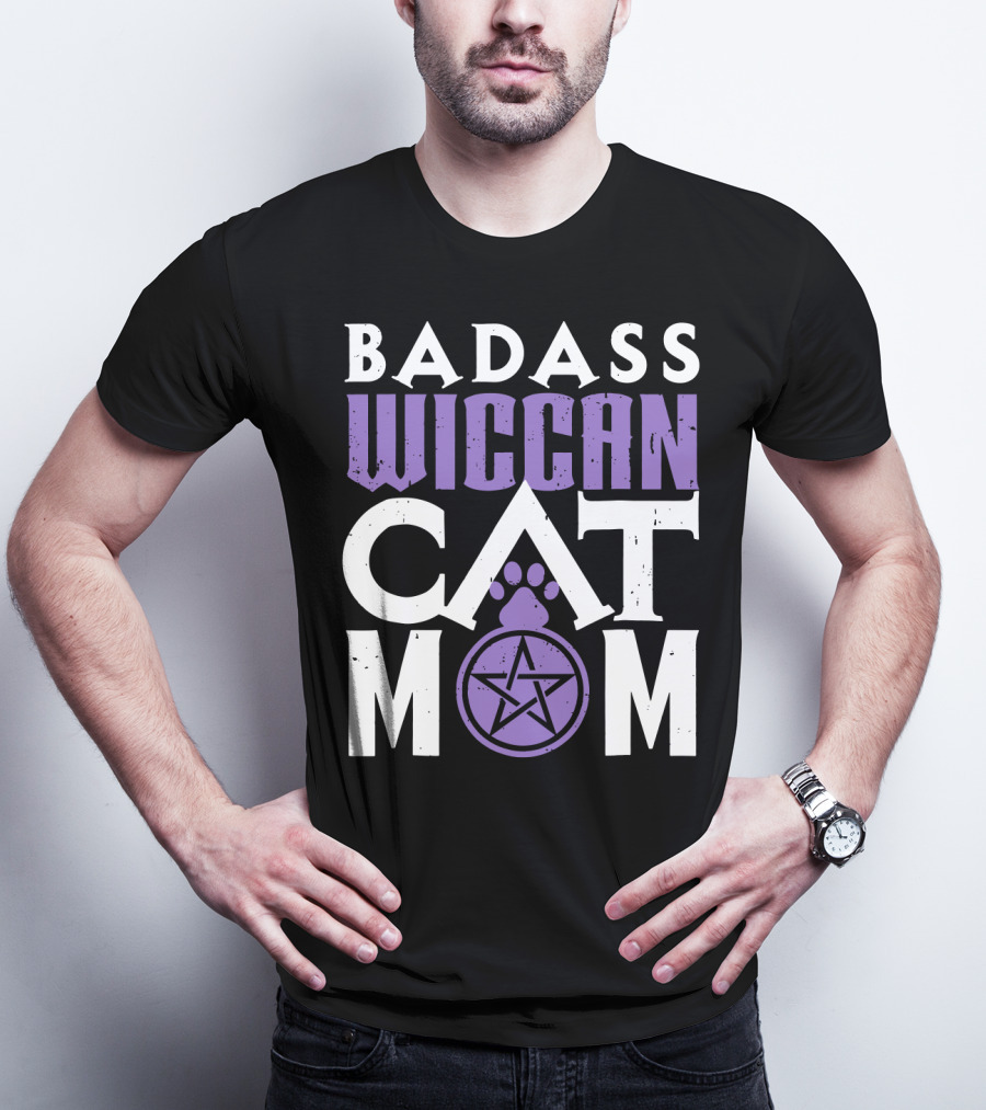 Badass Wiccan Cat Mom With Pentagram Paw Prints T-Shirt