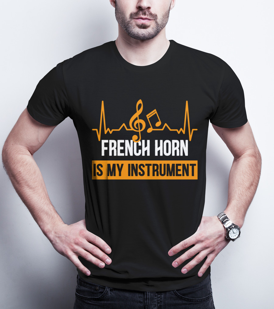French Horn Is My Instrument Heartbeat Musical Notes Treble Clef T-Shirt