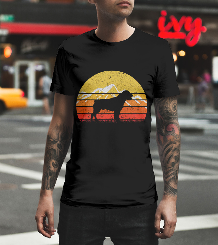 Retro Vintage Rottweiler Dog Silhouette Sunset Mountains T-Shirt