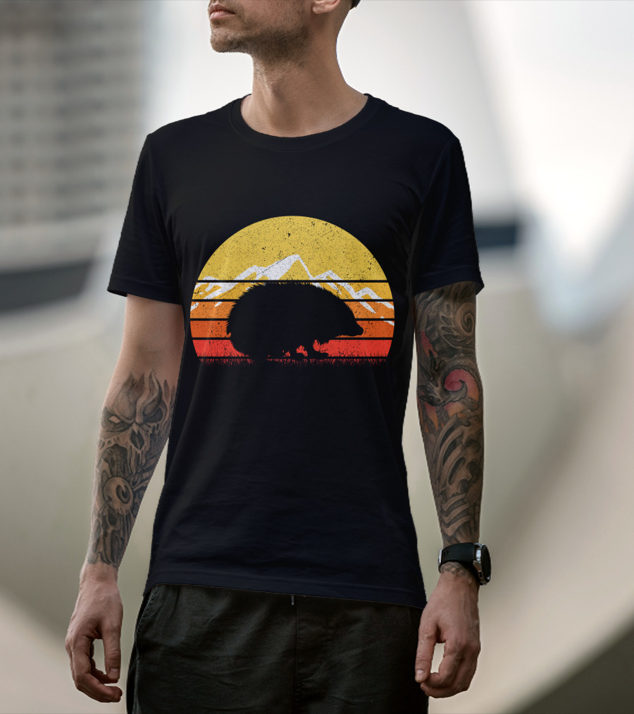 Retro Vintage Hedgehog Silhouette Against Sunset Mountain Stripe Circle T-Shirt