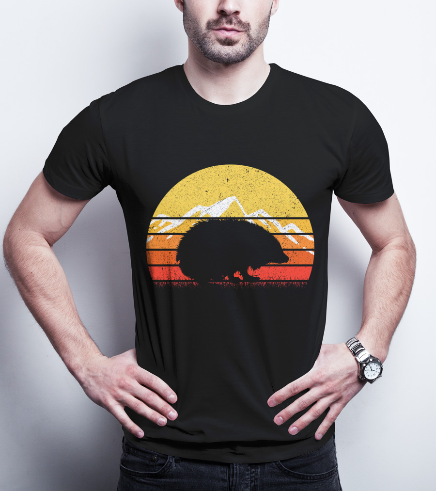 Retro Vintage Hedgehog Silhouette Against Sunset Mountain Stripe Circle T-Shirt