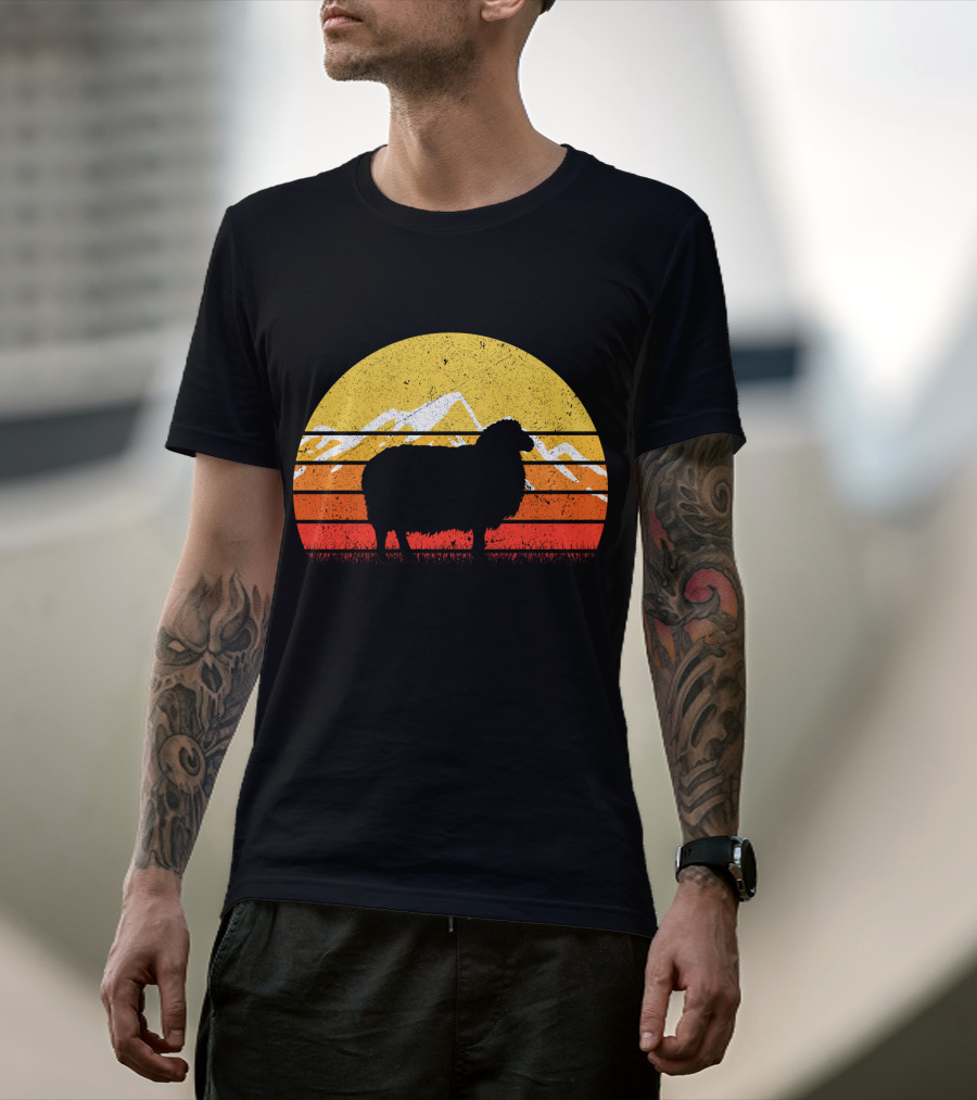 Retro Vintage Sheep Sunset With Mountains T-Shirt