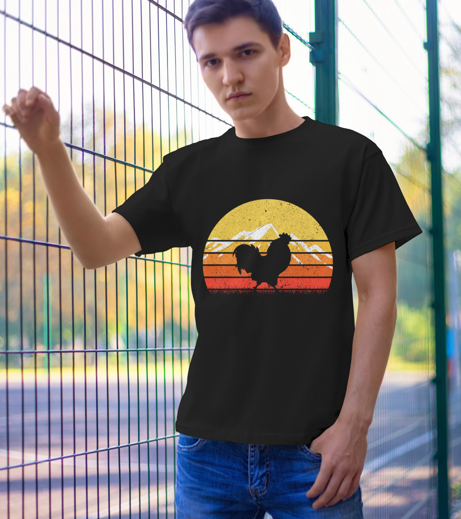 Retro Vintage Chicken Silhouette Sunset With Mountain Background T-Shirt