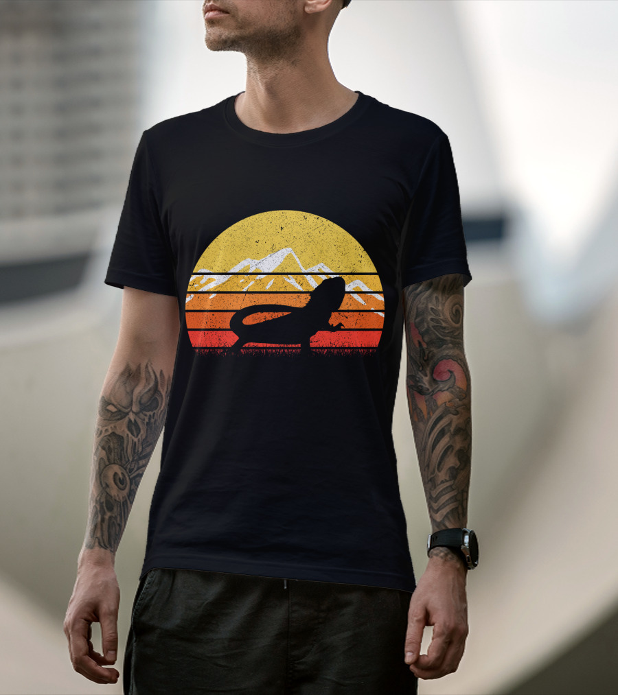 Retro Vintage Bearded Dragon Sunset Silhouette Mountain Stripe T-Shirt