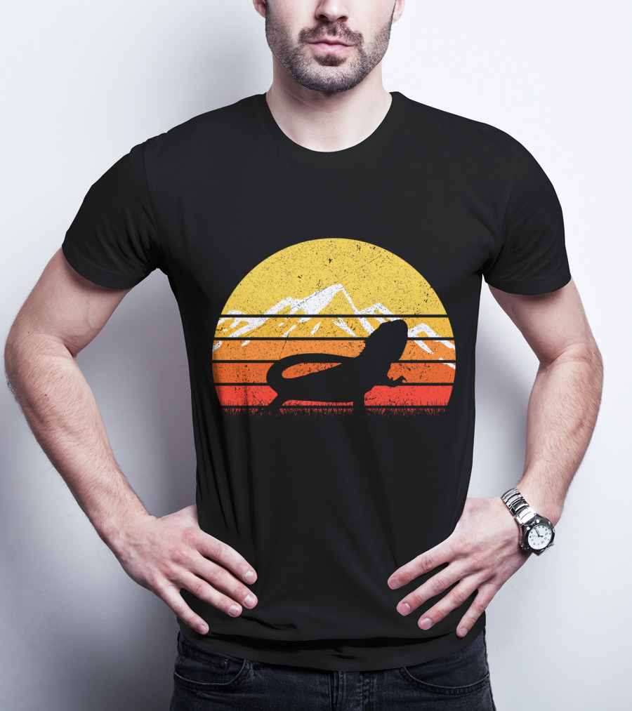 Retro Vintage Bearded Dragon Sunset Silhouette Mountain Stripe T-Shirt