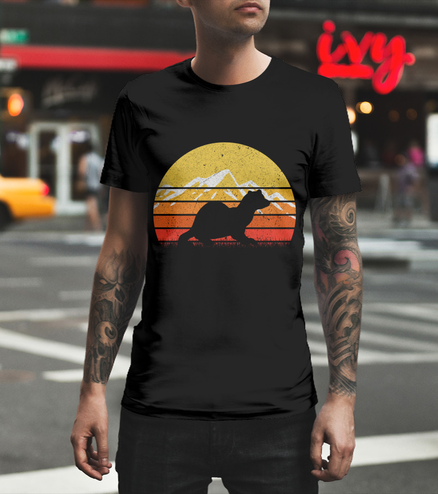 Retro Vintage Ferret Sunset Silhouette Mountain Stripes T-Shirt