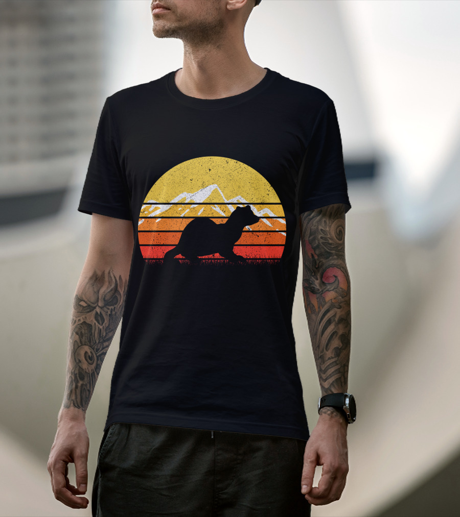 Retro Vintage Ferret Sunset Silhouette Mountain Stripes T-Shirt