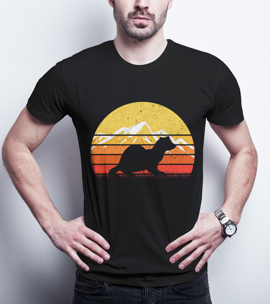 Retro Vintage Ferret Sunset Silhouette Mountain Stripes T-Shirt