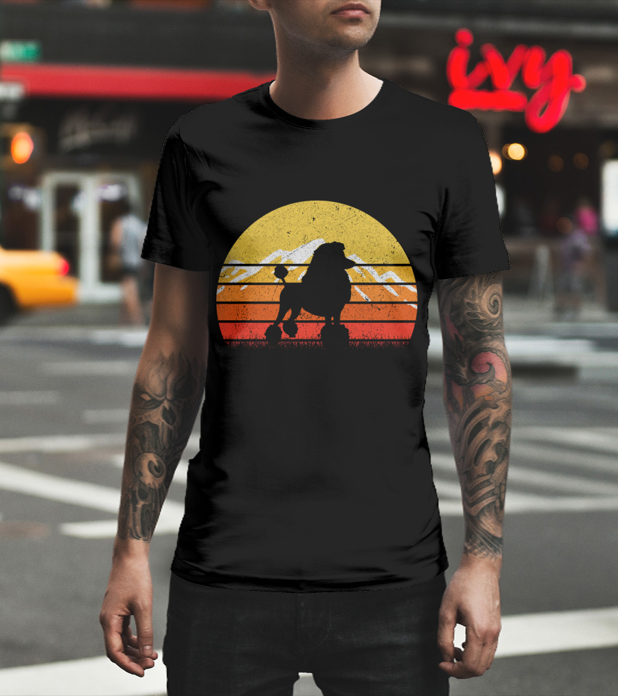 Retro Vintage Poodle Dog Sunset Silhouette With Mountains And Stripes T-Shirt