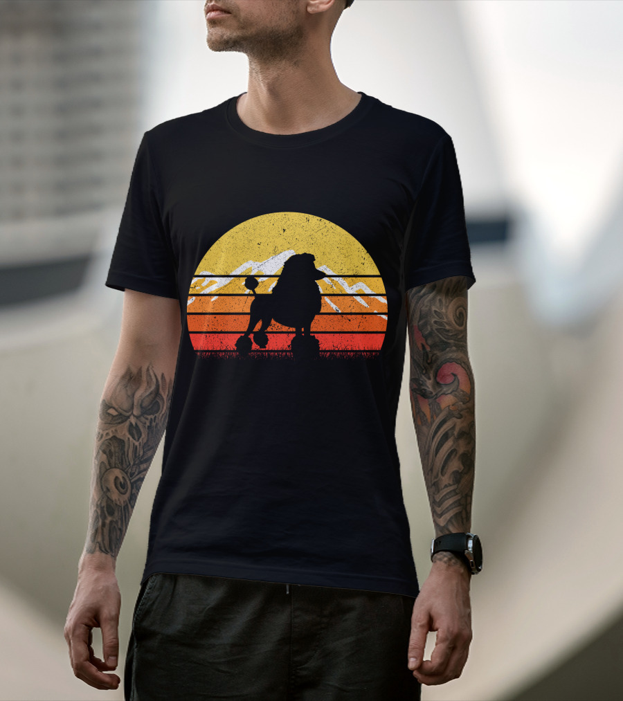 Retro Vintage Poodle Dog Sunset Silhouette With Mountains And Stripes T-Shirt