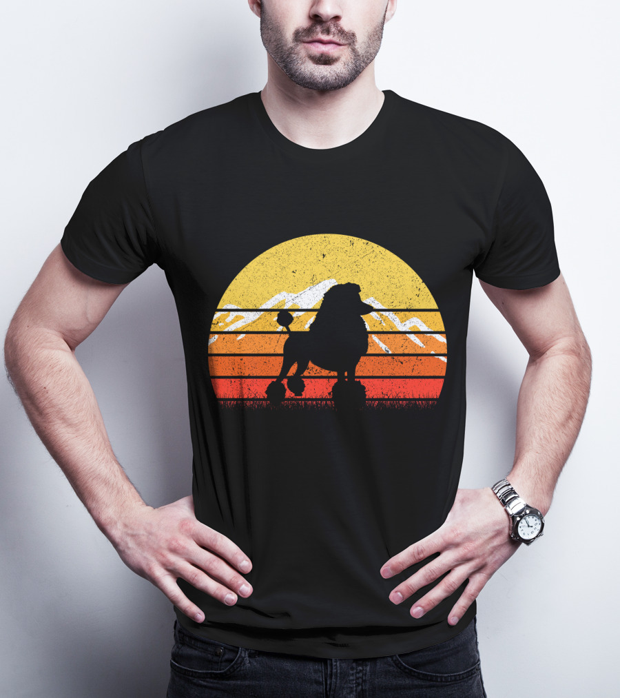 Retro Vintage Poodle Dog Sunset Silhouette With Mountains And Stripes T-Shirt