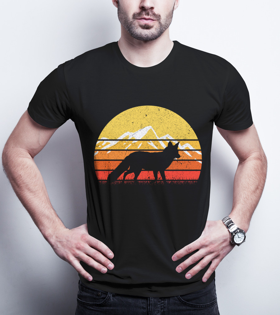 Retro Vintage Fox Silhouette With Mountains And Sunset Stripes T-Shirt