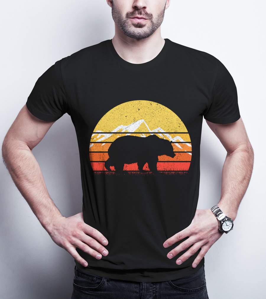 Retro Vintage Bear Silhouette With Sunset And Mountain Background T-Shirt