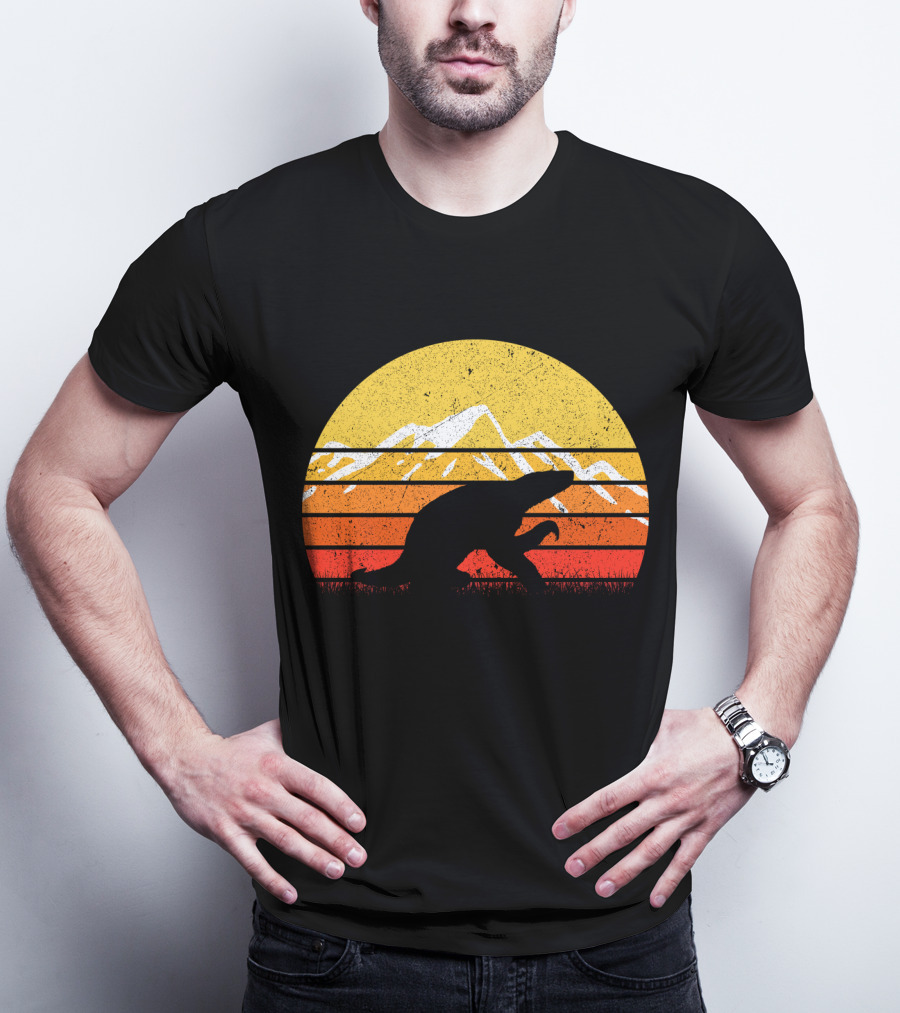 Retro Vintage Sloth Silhouette Sunset Mountain Scene T-Shirt