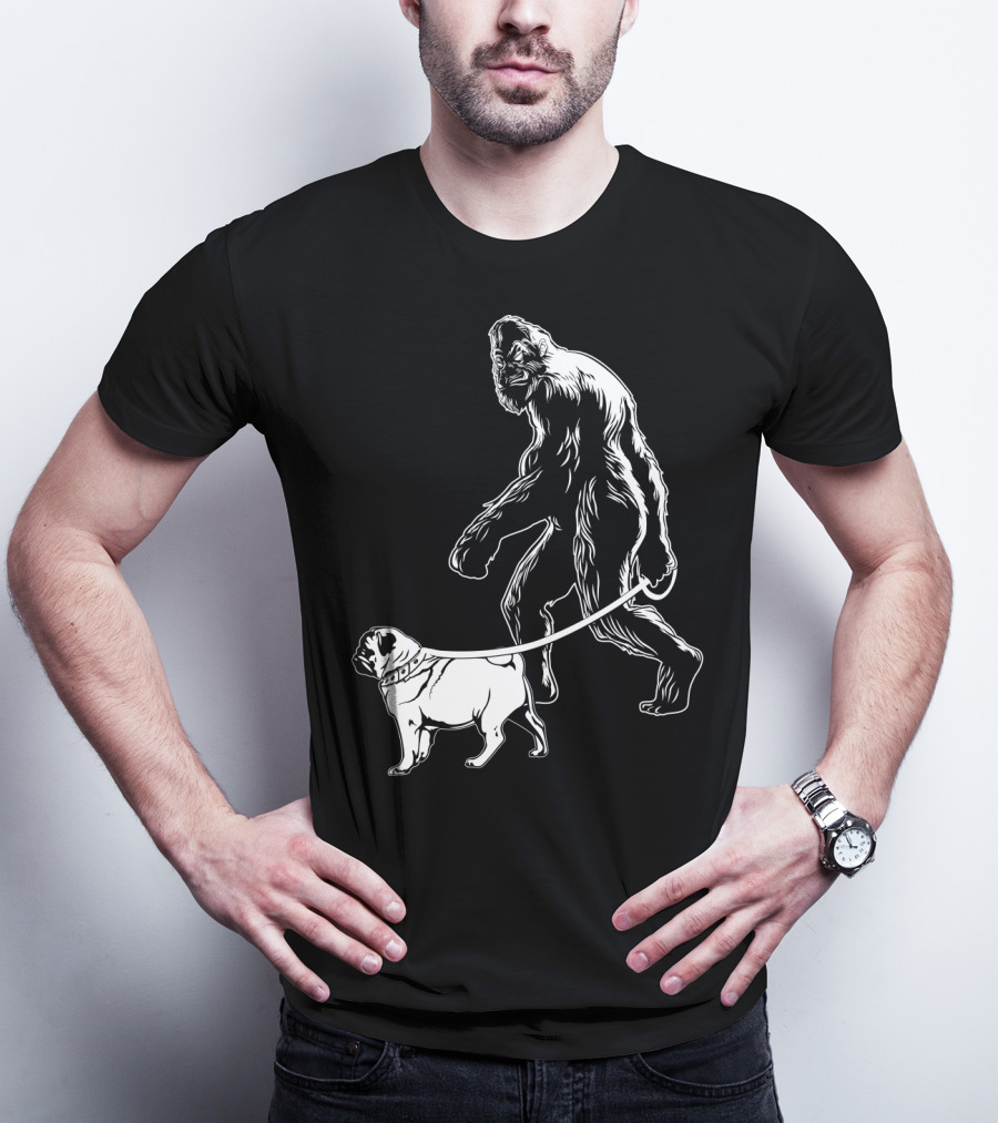 Bigfoot Walking A Pug Dog T-Shirt