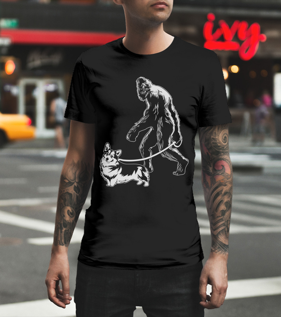 Bigfoot Walking Corgi Dog T-Shirt