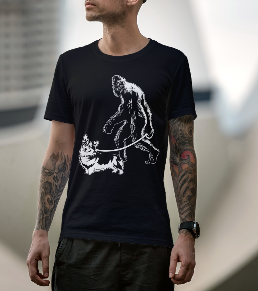 Bigfoot Walking Corgi Dog T-Shirt