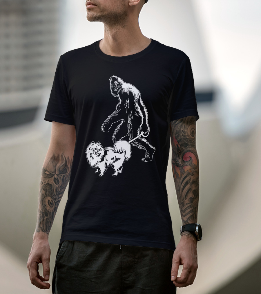 Bigfoot Walking Pomeranian Dog T-Shirt
