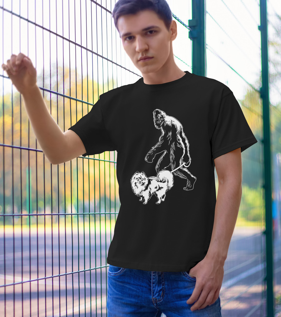 Bigfoot Walking Pomeranian Dog T-Shirt