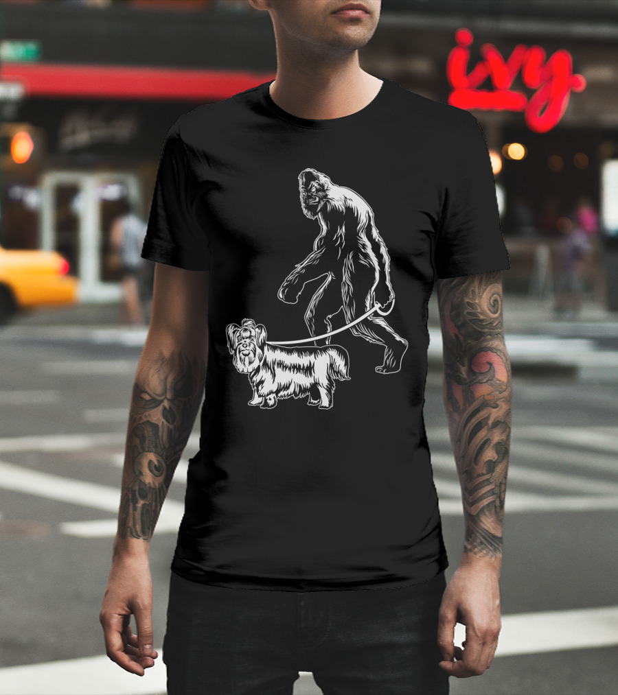 Bigfoot Walking A Yorkie Dog T-Shirt